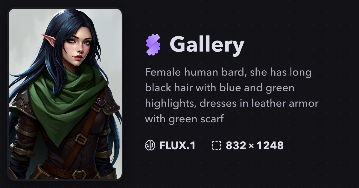 "Female human bard, she has long black..." | Gallery | Stablecog